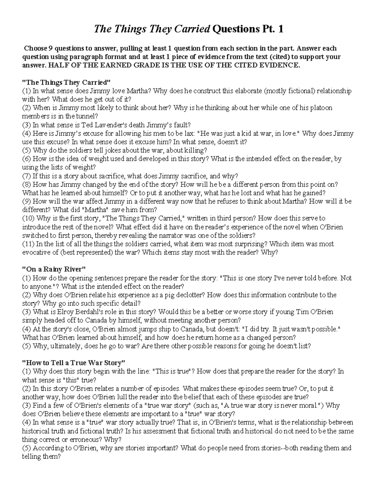 1 5 8 10 The Things They Carried Questions - The Things They Carried ...