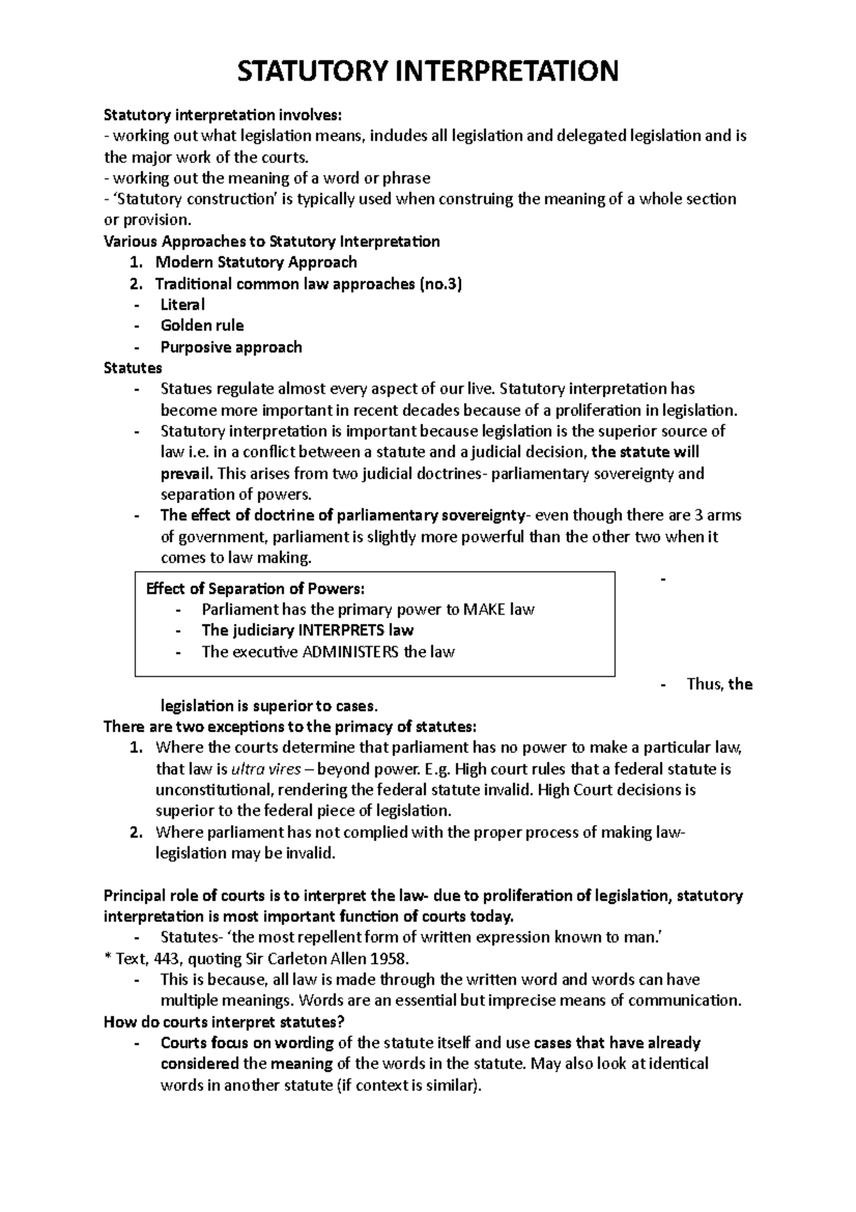 Statutory interpretation Notes - 200977 - UWS - StuDocu