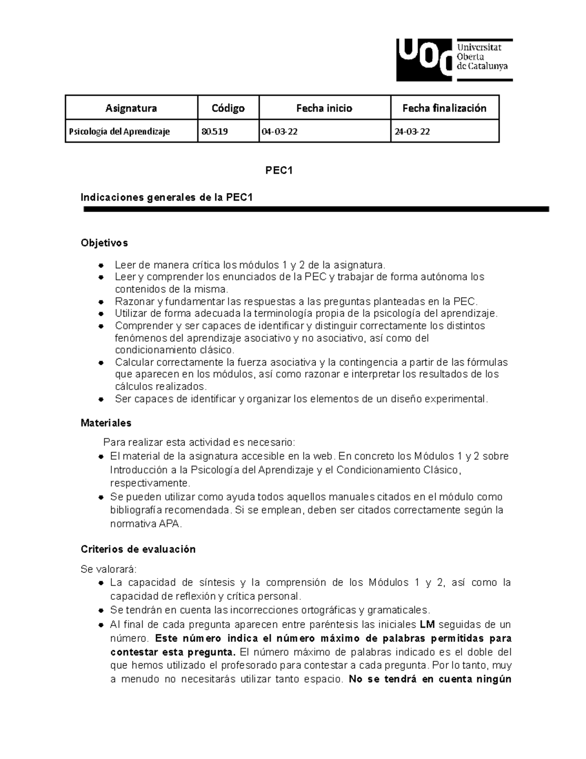 PEC 1 PSICOLOGIA DEL APRENDIZAJE UOC - Psicología del Aprendizaje 80 04-03-22 24-03- PEC - Studocu