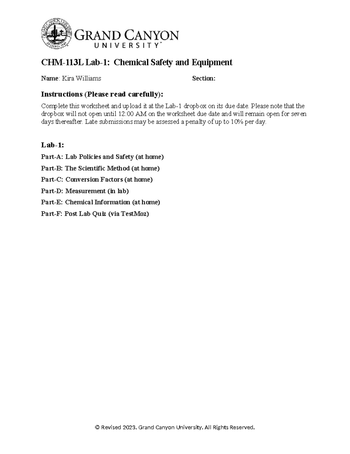 Kwilliams - chem lab worksheet - CHM-113L Lab-1: Chemical Safety and ...