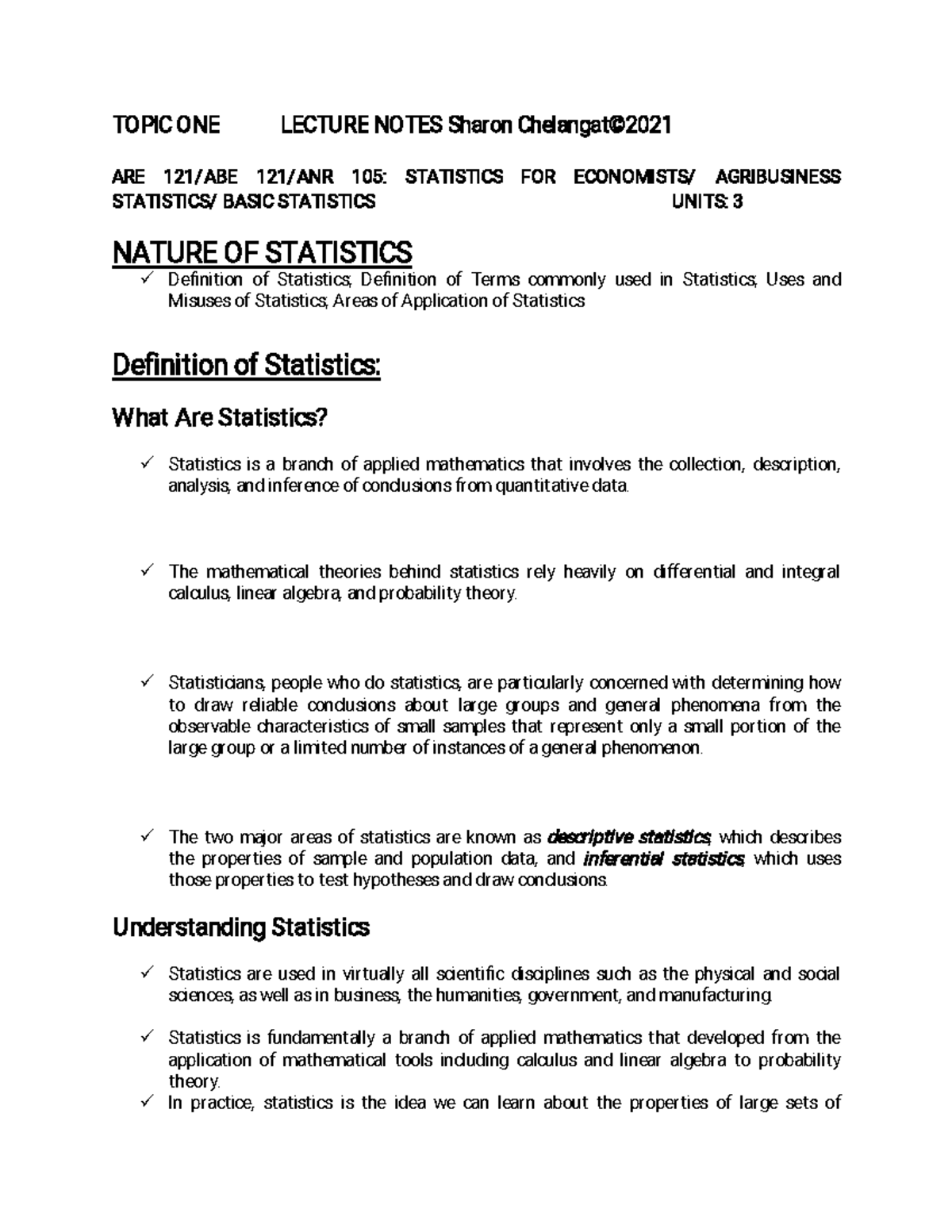 ARE-ABE 121-ANR 105 Topic ONE Lecture Notes - TOPIC ONE LECTURE NOTES ...