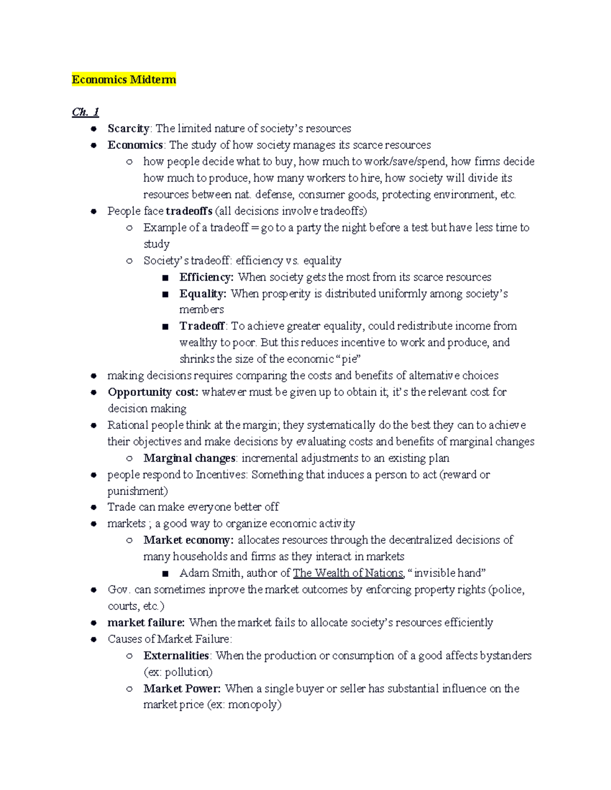 Economics Midterm (Chapters 1-6) - Economics Midterm Ch. 1 Scarcity ...