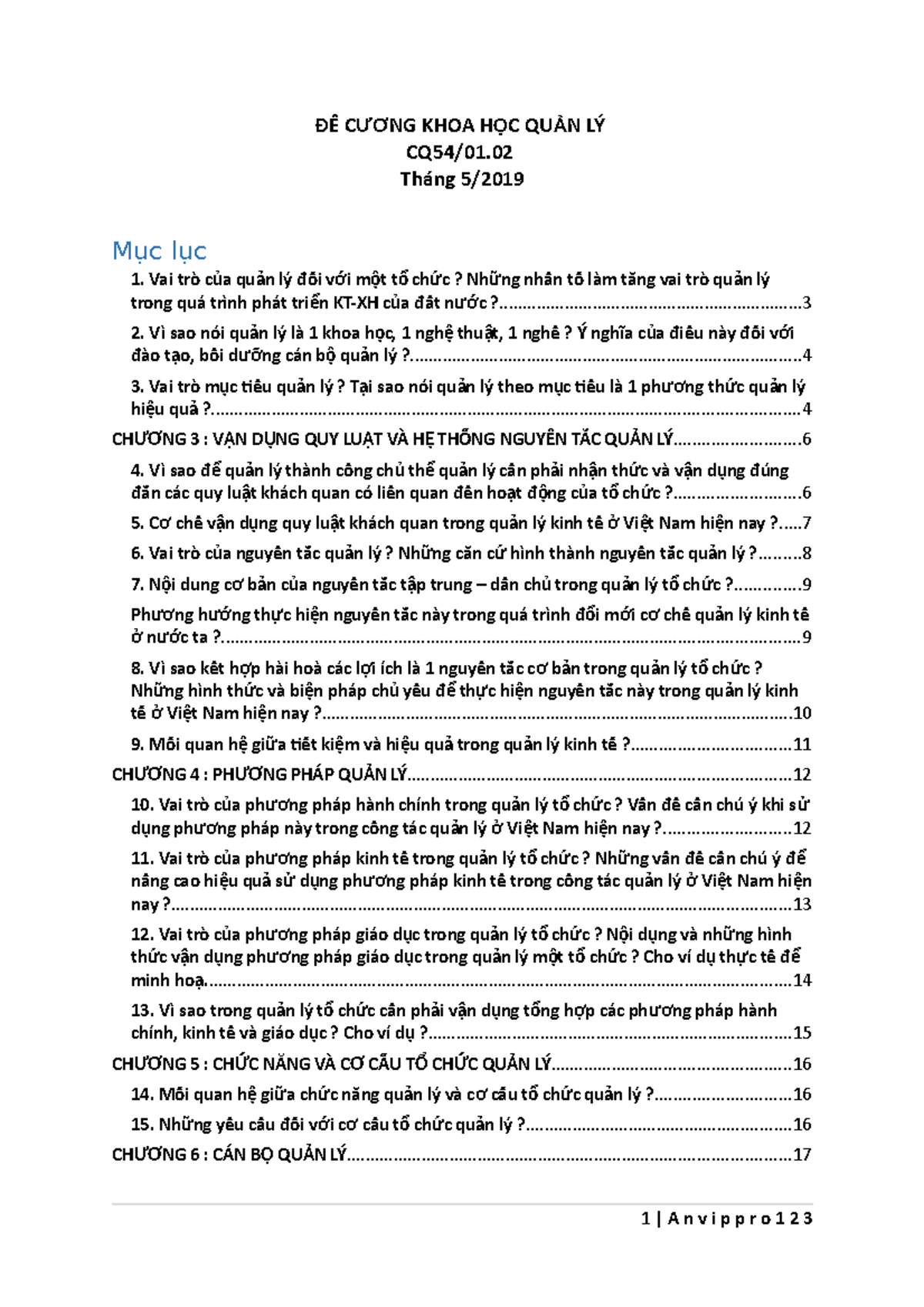 Khoa học quản lý - đề cương - ĐỀỀ CƯƠNG KHOA H C QU N LÝỌ Ả CQ54/01. Tháng 5/ Mục lục 1. Vai trò ...