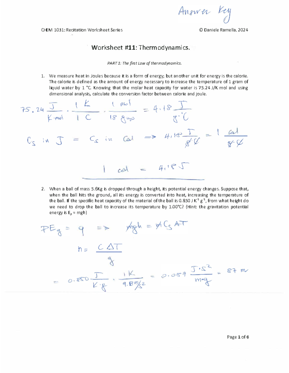 Worksheet 11 - thermochemistry answer key - CHEM 1031: Recitation ...