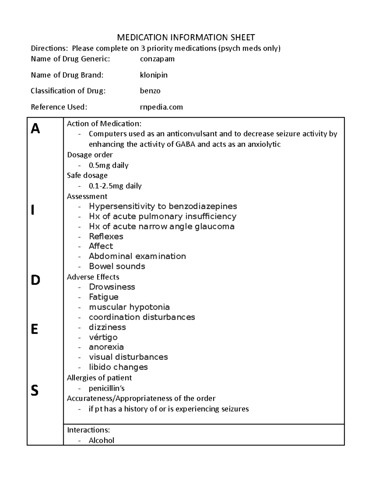 Psych MEDS 2 - MEDICATION INFORMATION SHEET Directions: Please complete ...
