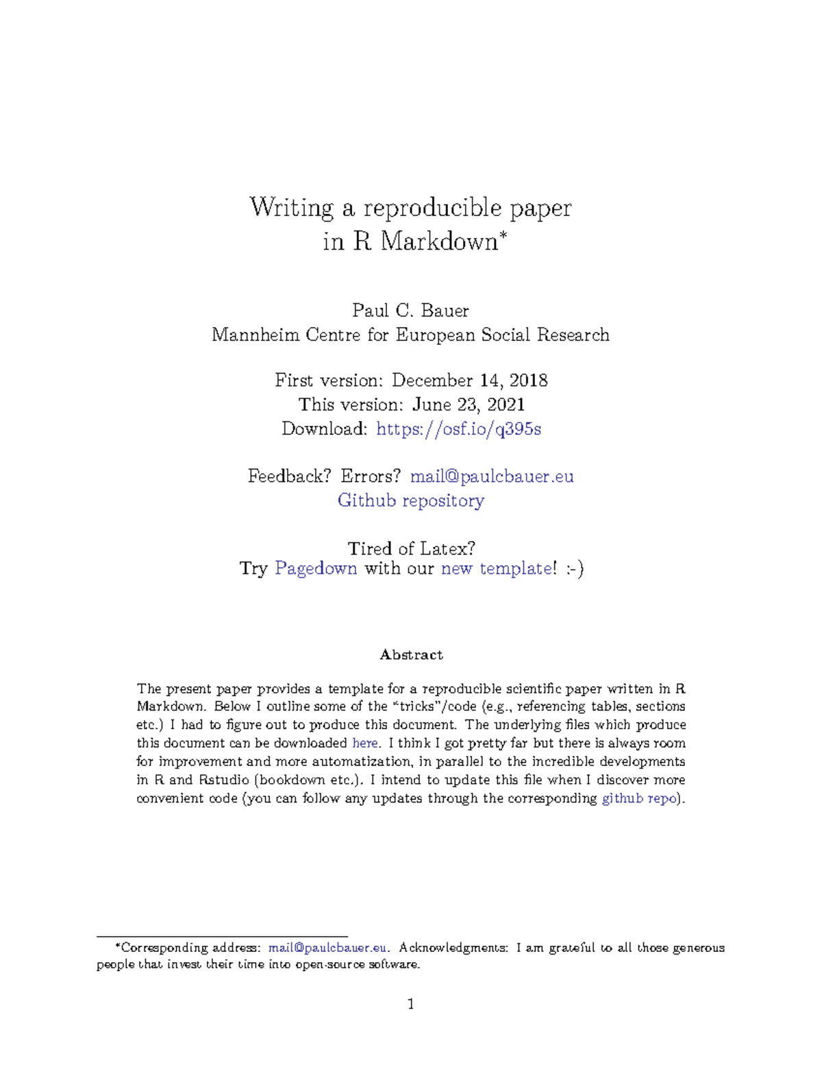Paper - R markdown summary and description of use - Writing a reproducible paper in R Markdown ∗ ...