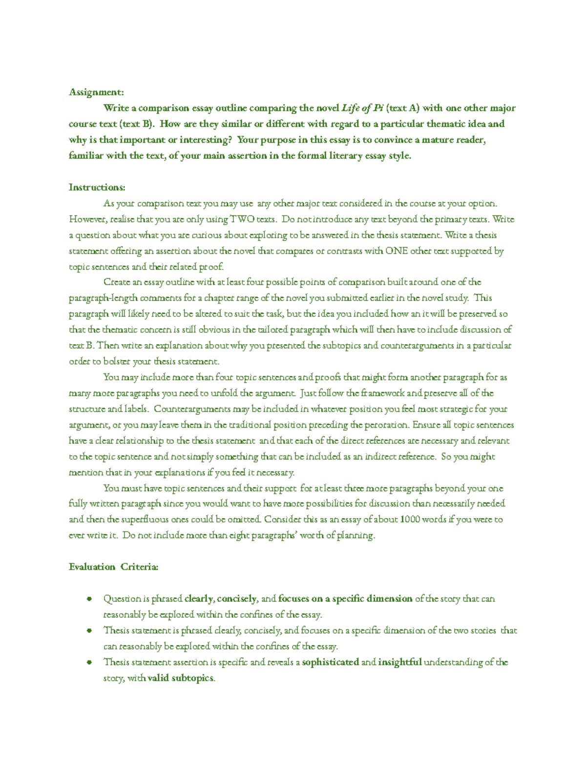 Final English Culminating (life of pi) - Assignment: Write a comparison ...