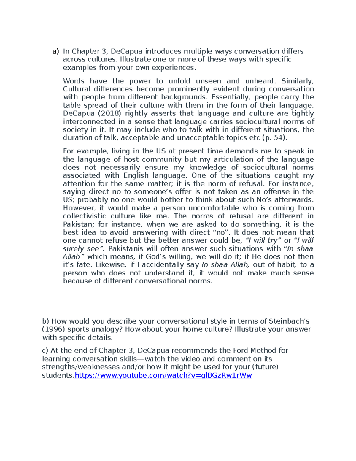 Assignment 2 LT 528 - a) In Chapter 3, DeCapua introduces multiple ways ...