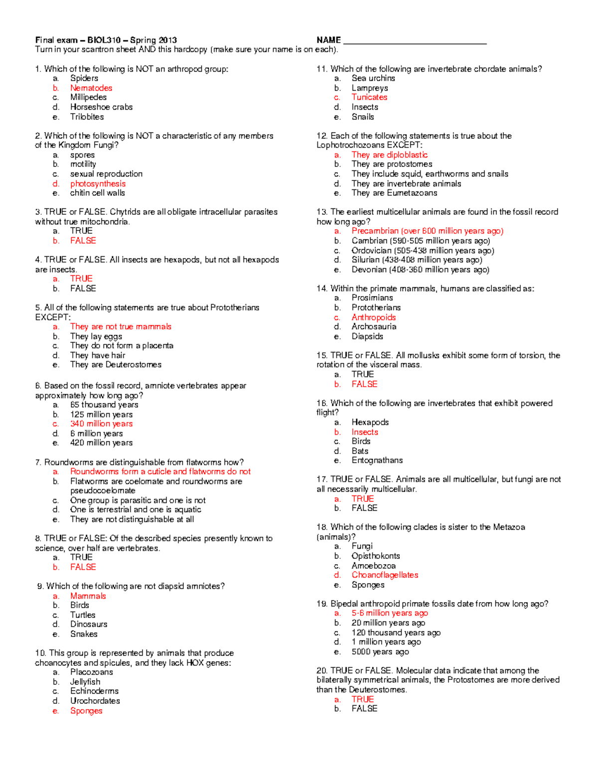 Final Exam Makeup Spring 2013 - Final exam BIOL310 Spring 2013 NAME ...