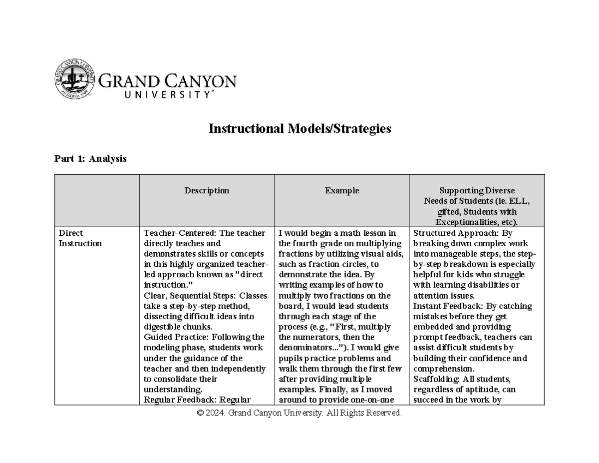 Instructional Models Strategies Analysis - Instructional Models ...