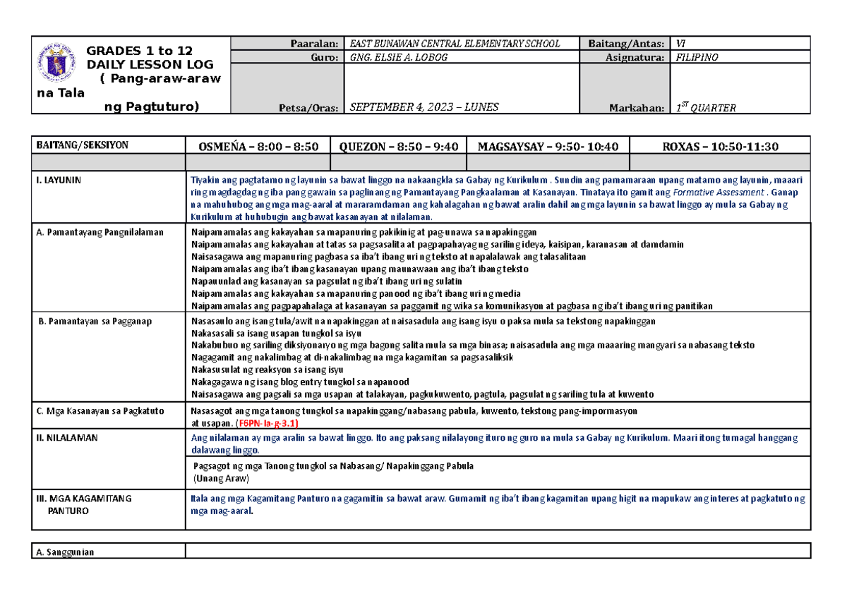 DLL Filipino-6 Q1-Sept - GRADES 1 to 12 DAILY LESSON LOG ( Pang-araw-araw na Tala ng Pagtuturo ...