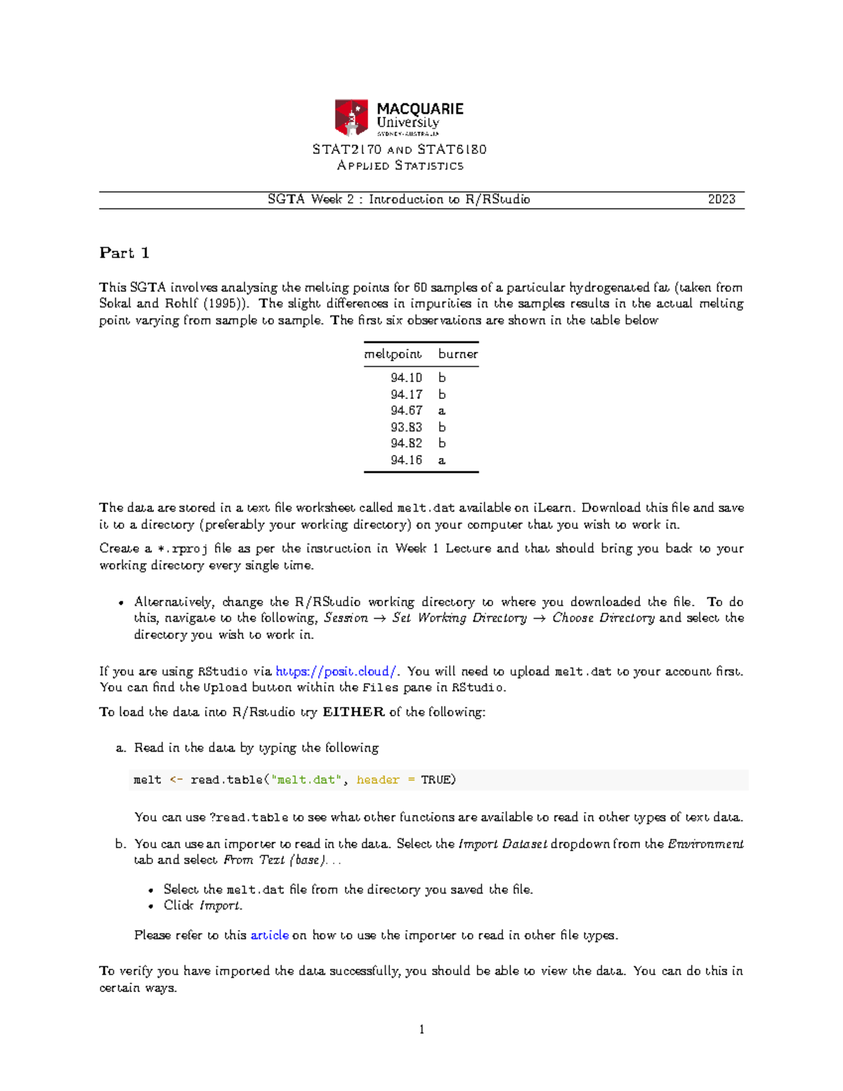 Wk2 SGTA - Tutorial questions on basic statistic revision - STAT2170 and STAT Applied Statistics ...