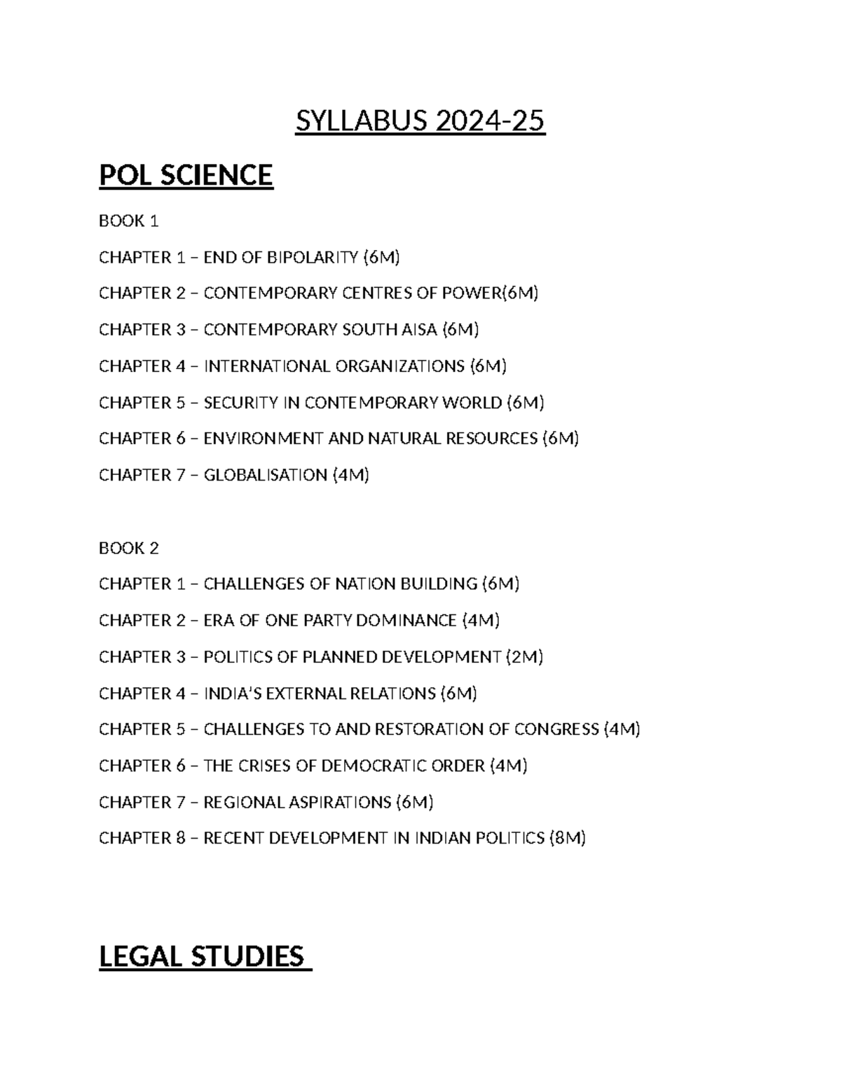 Class 12 full syllabus - helpful - SYLLABUS 2024- POL SCIENCE BOOK 1 ...