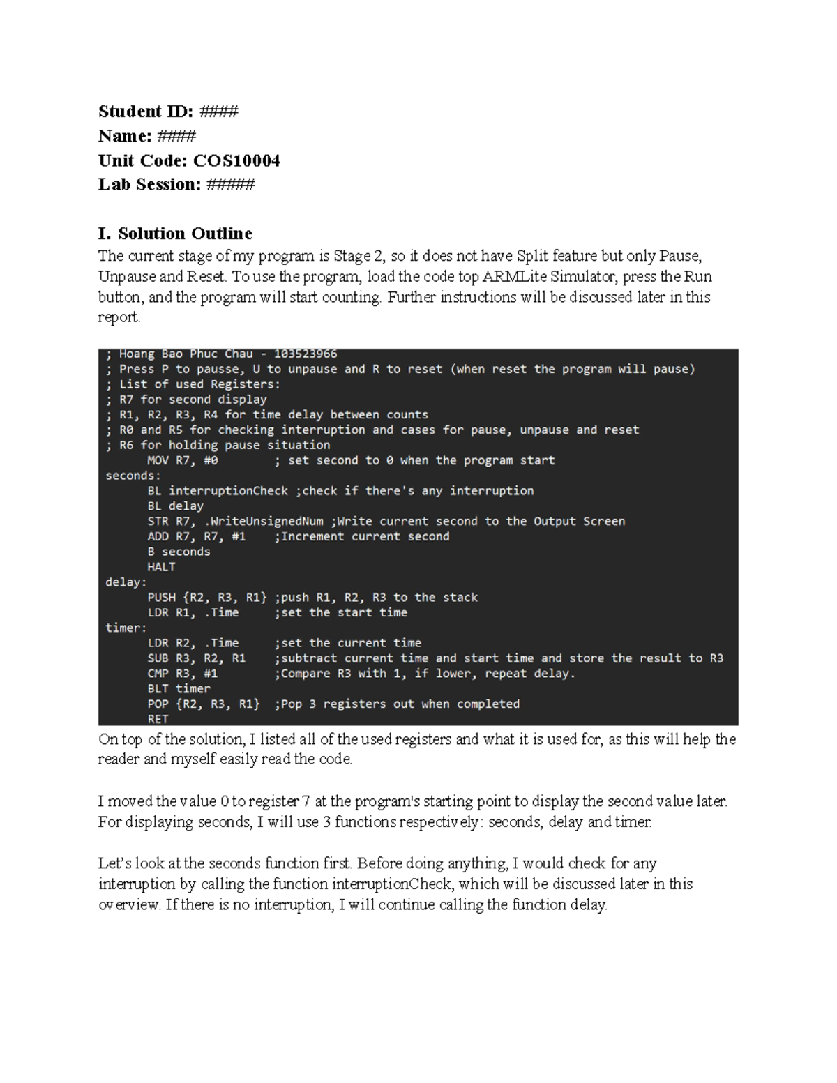 Assignment 2 Report - Student ID: Name: Unit Code: COS Lab Session: I ...