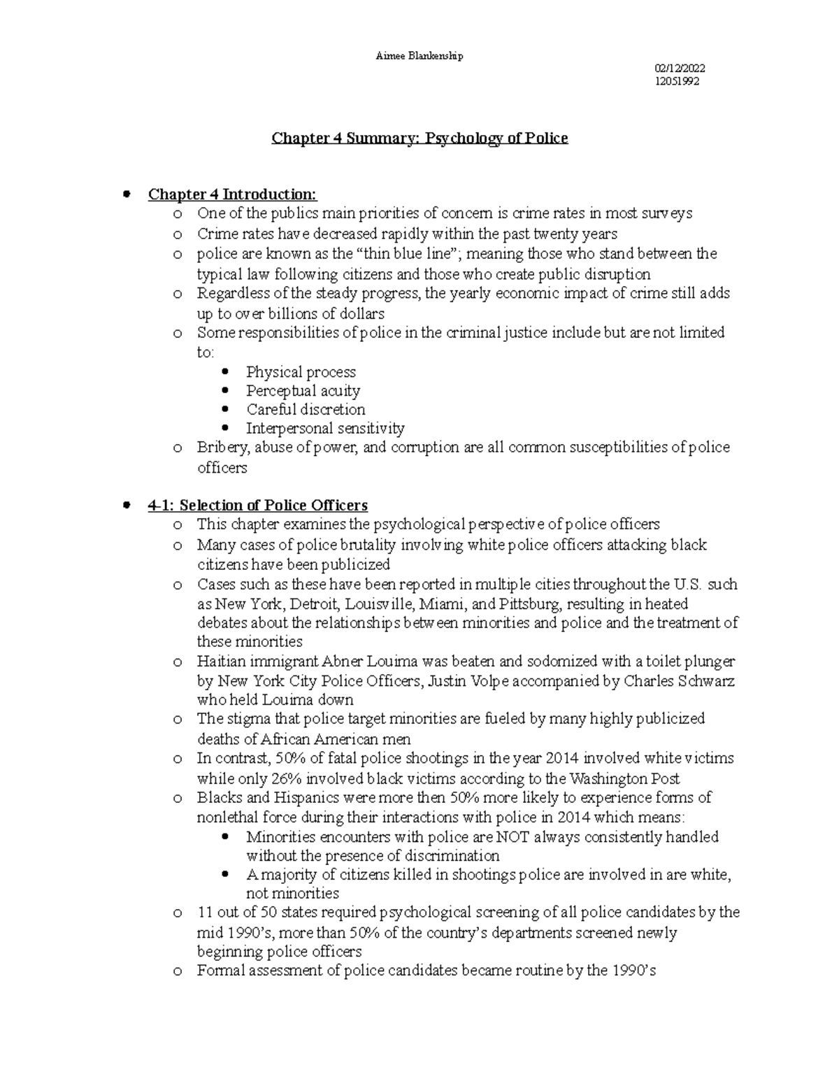 PY 377 Chapter 4 Summary - 02/12/ 12051992 Chapter 4 Summary ...
