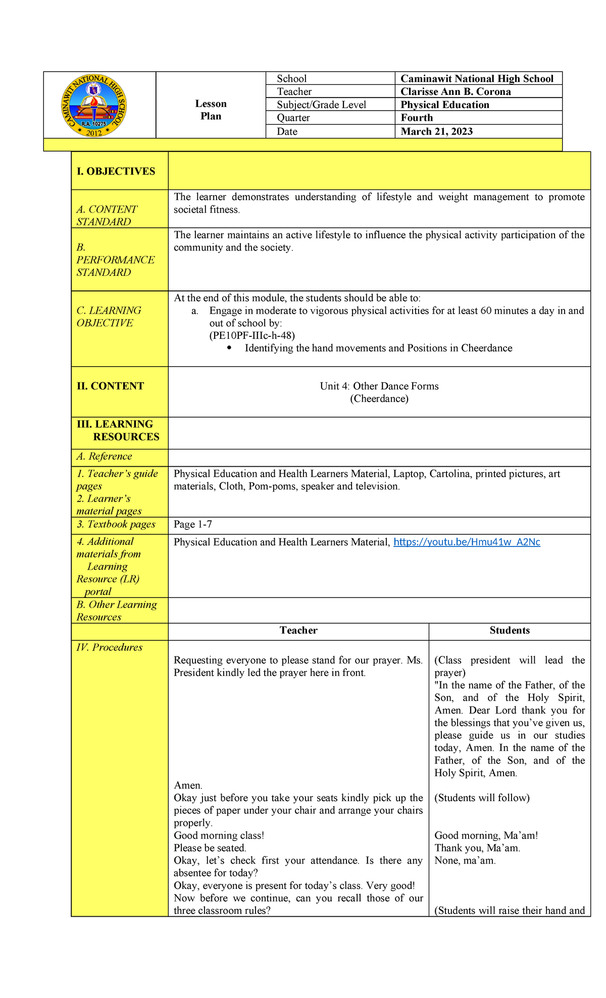 Final lesson plan For final demo - Lesson Plan School Caminawit ...