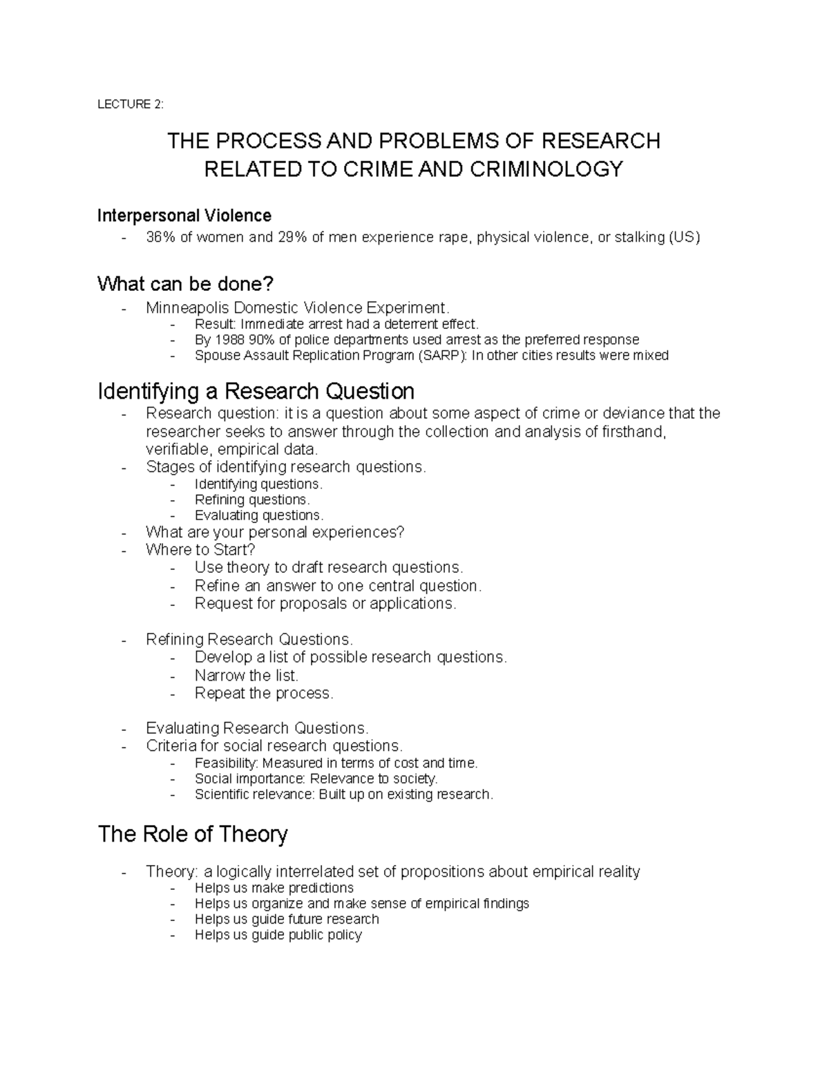 CJ 292 Lecture 2 - LECTURE 2: THE PROCESS AND PROBLEMS OF RESEARCH RELATED TO CRIME AND ...