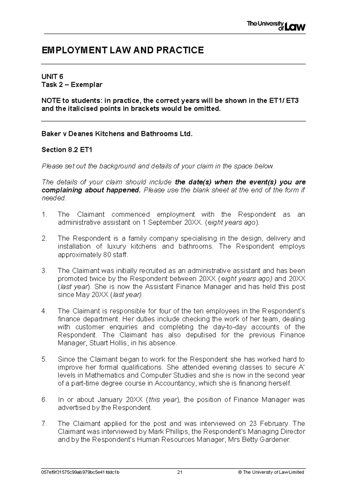 Exemplar for ET1 Fom - Week 6 - EMPLOYMENT LAW AND PRACTICE UNIT 6 Task ...