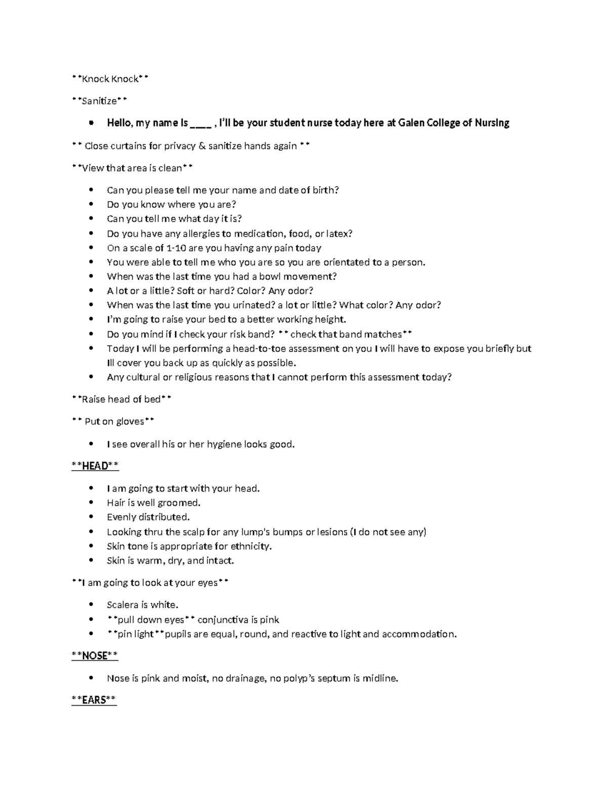 Head2Toe Assessment - Knock Knock Sanitize Hello, my name is ____ , I ...