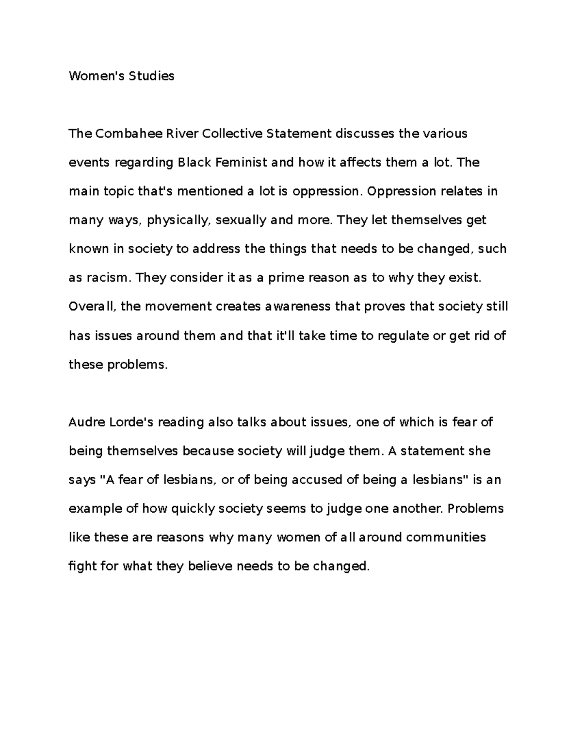The Combahee River Collective Audrey Lorde - Women's Studies The ...
