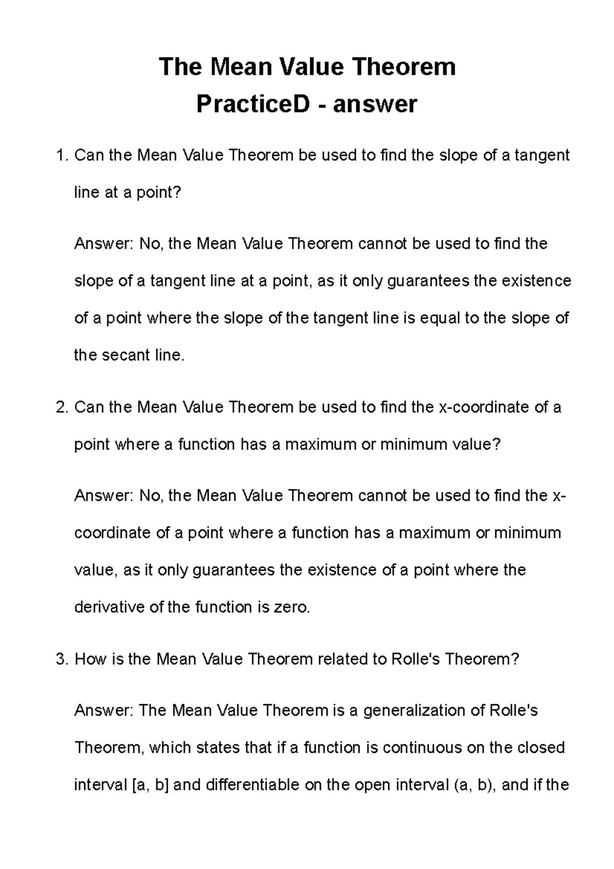 The Mean Value Theorem Practice D - answer - The Mean Value Theorem ...