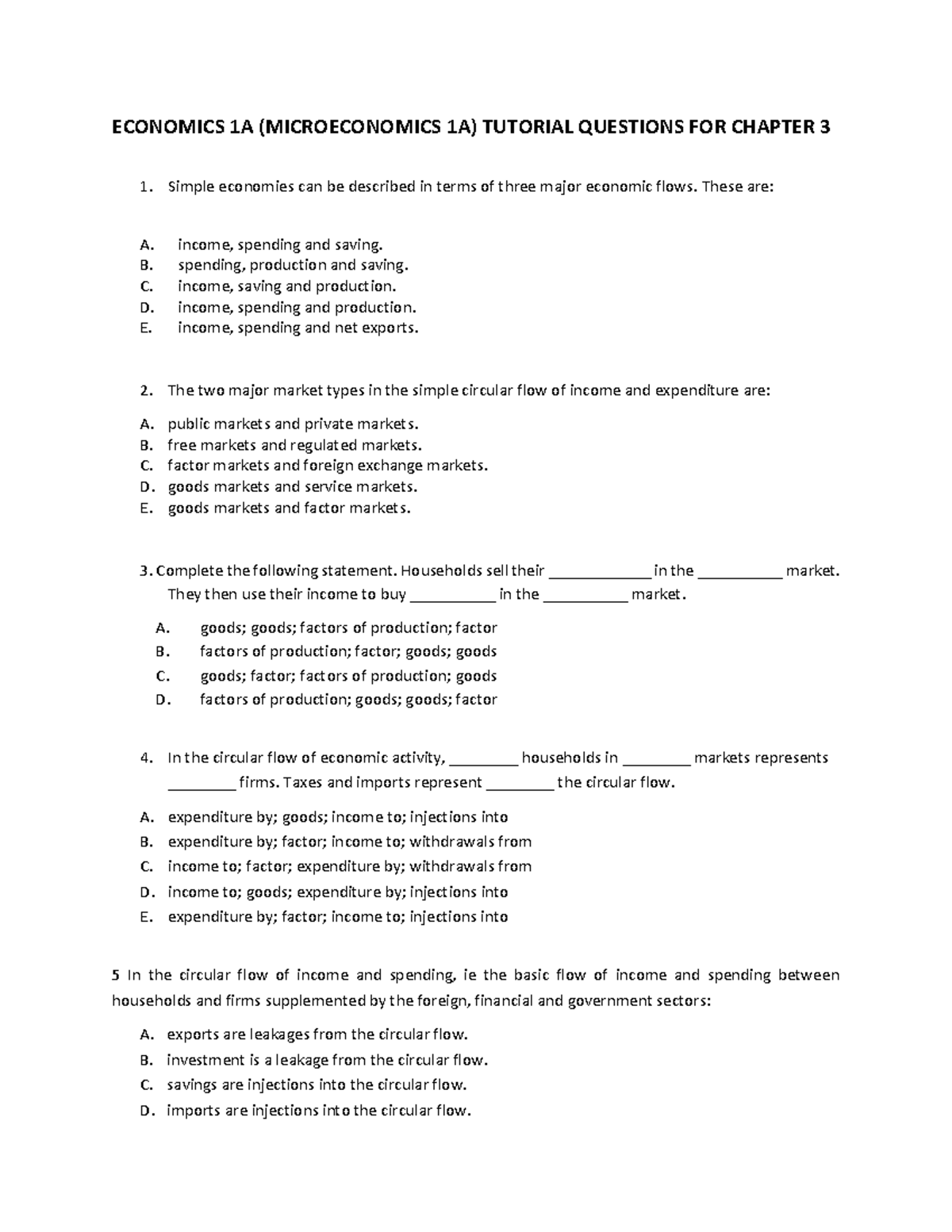 Chapter 3 Tutorial Questions - ECONOMICS 1A (MICROECONOMICS 1A ...