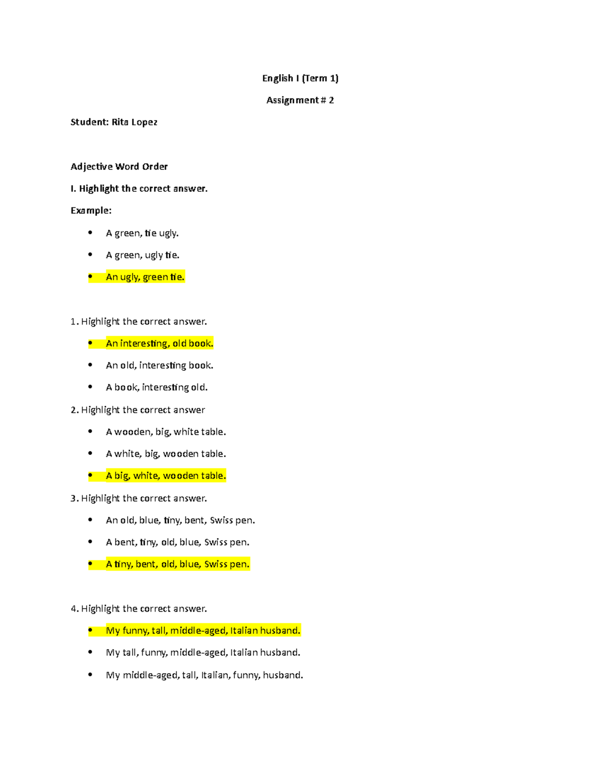 Assignment #2 Adjective WOrd Order - Rita Suyapa Lopez - English I ...