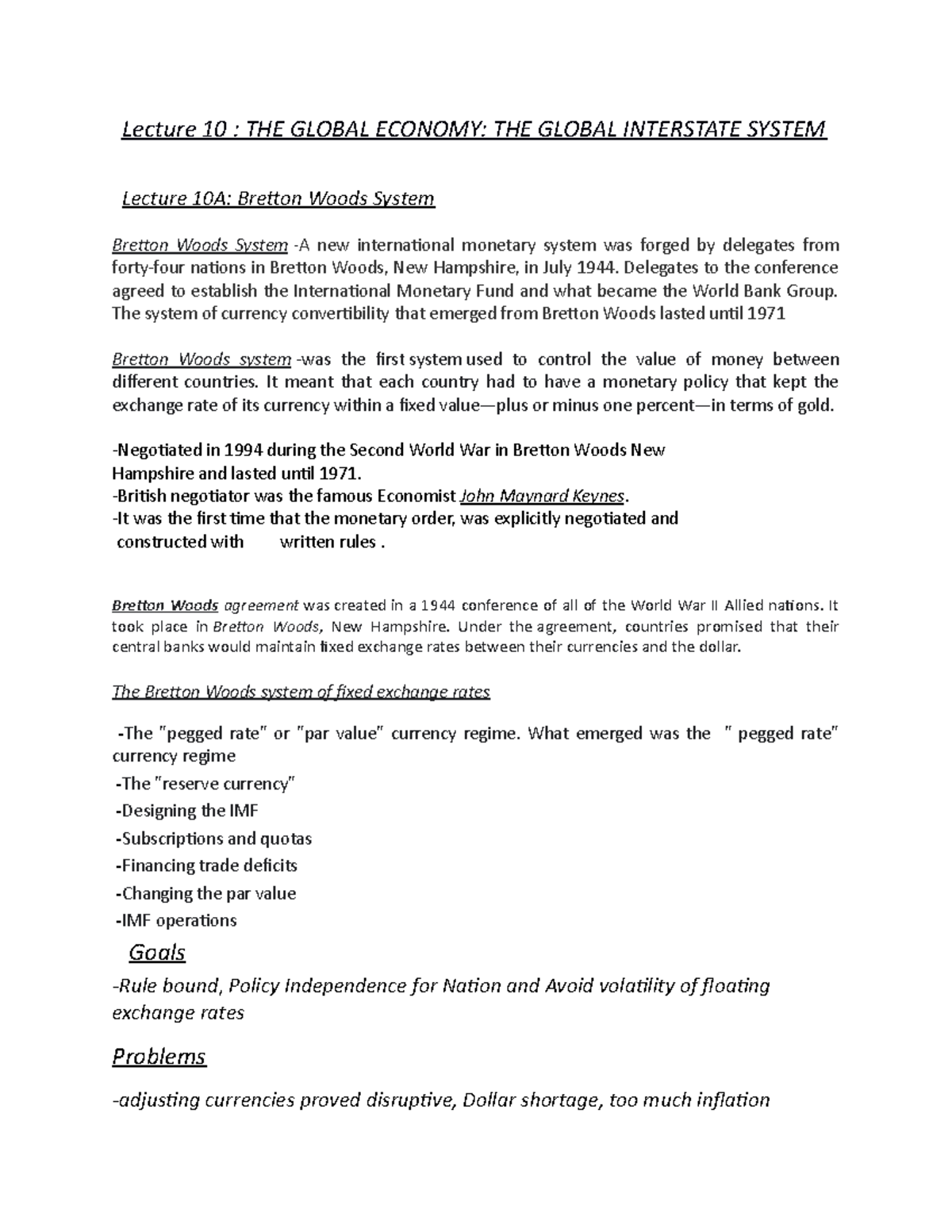 Lecture 10 TO 17 The Global Economy: The Global Interstate Sytem ...