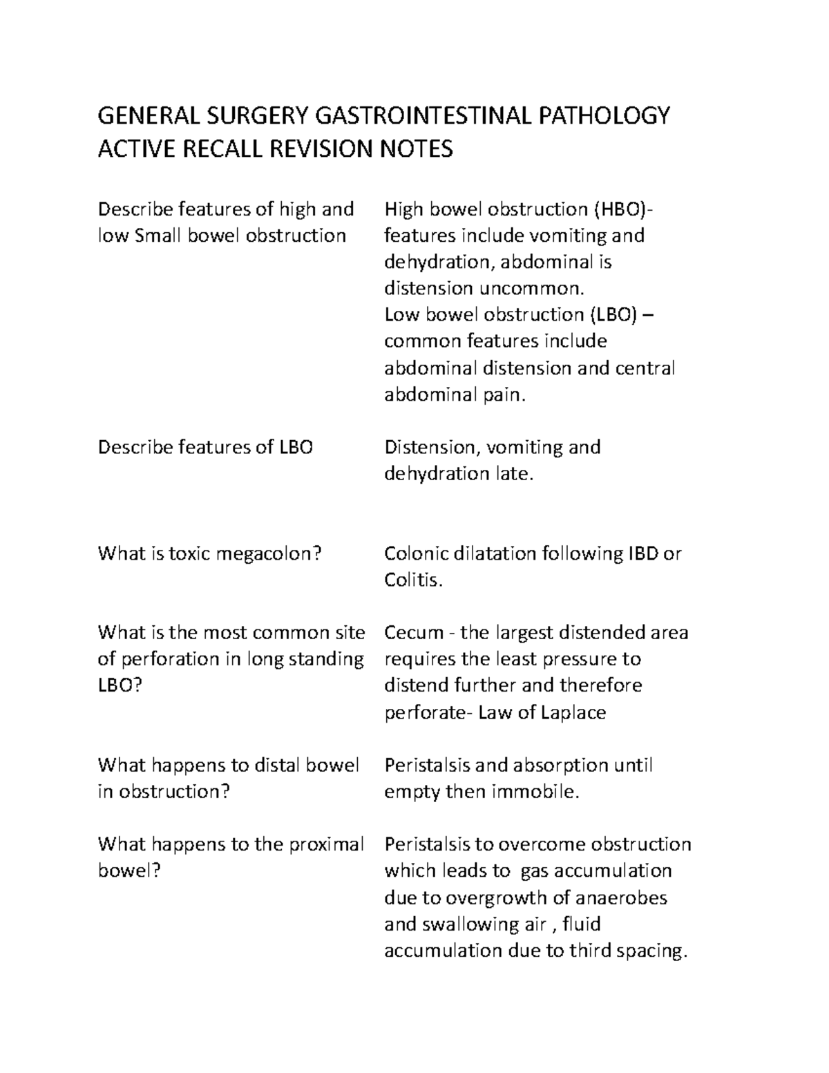 General Surgery Gastrointestinal Pathology Active Recall Revision Notes ...