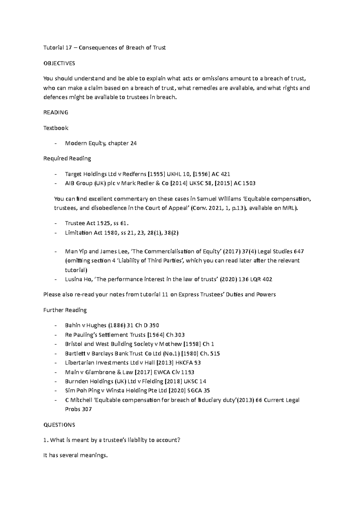 Tutorial 17 – Consequences of Breach of Trust - Tutorial 17 ...