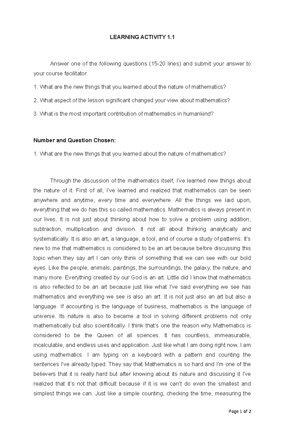 Nature of Mathematics Activity in MMW - LEARNING ACTIVITY 1. Answer one ...