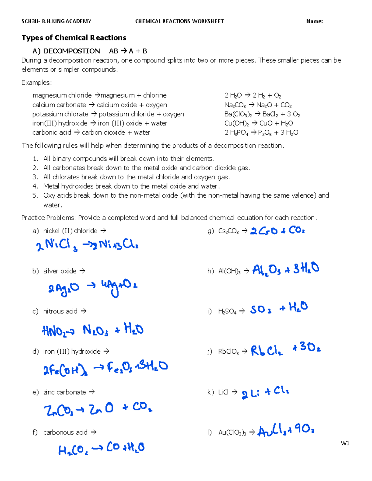 Chemical Reactions worksheet - Types of Chemical Reactions A ...