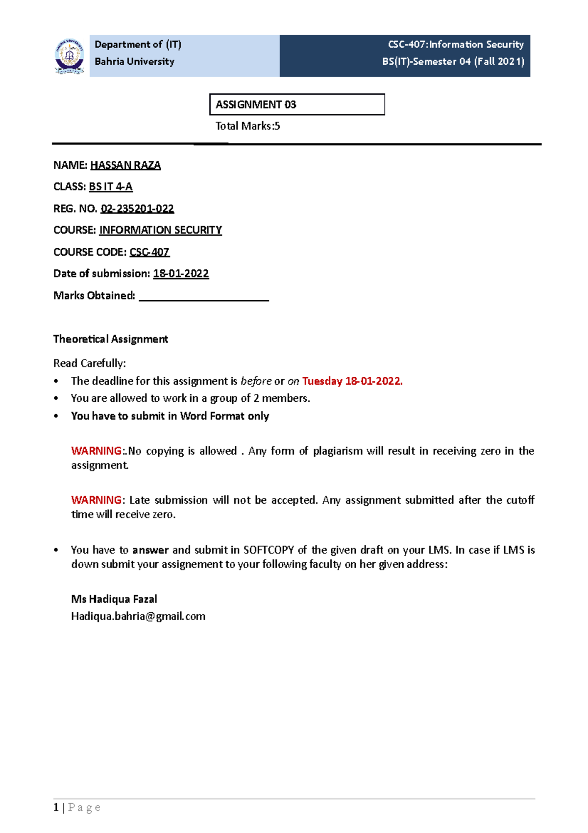 IS Report - Department of (IT) CSC-407:Information Security Bahria ...