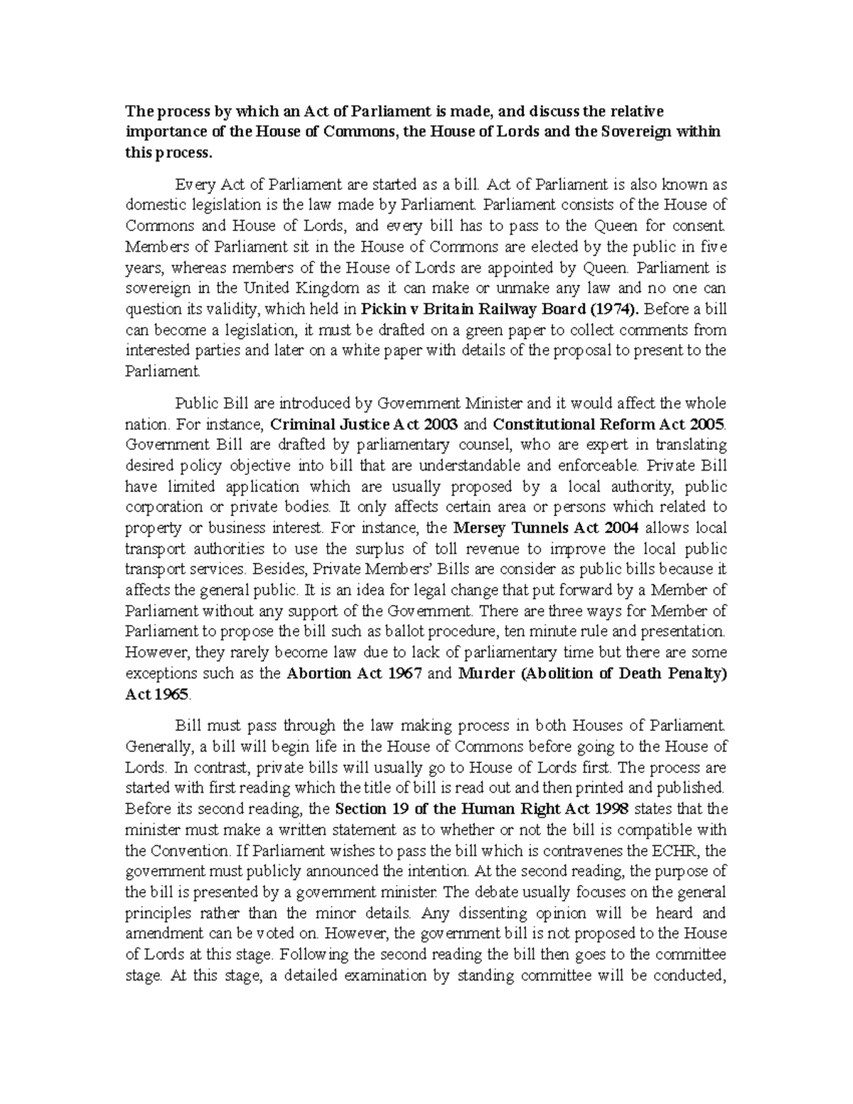 Legislation Essay - The process by which an Act of Parliament is made ...