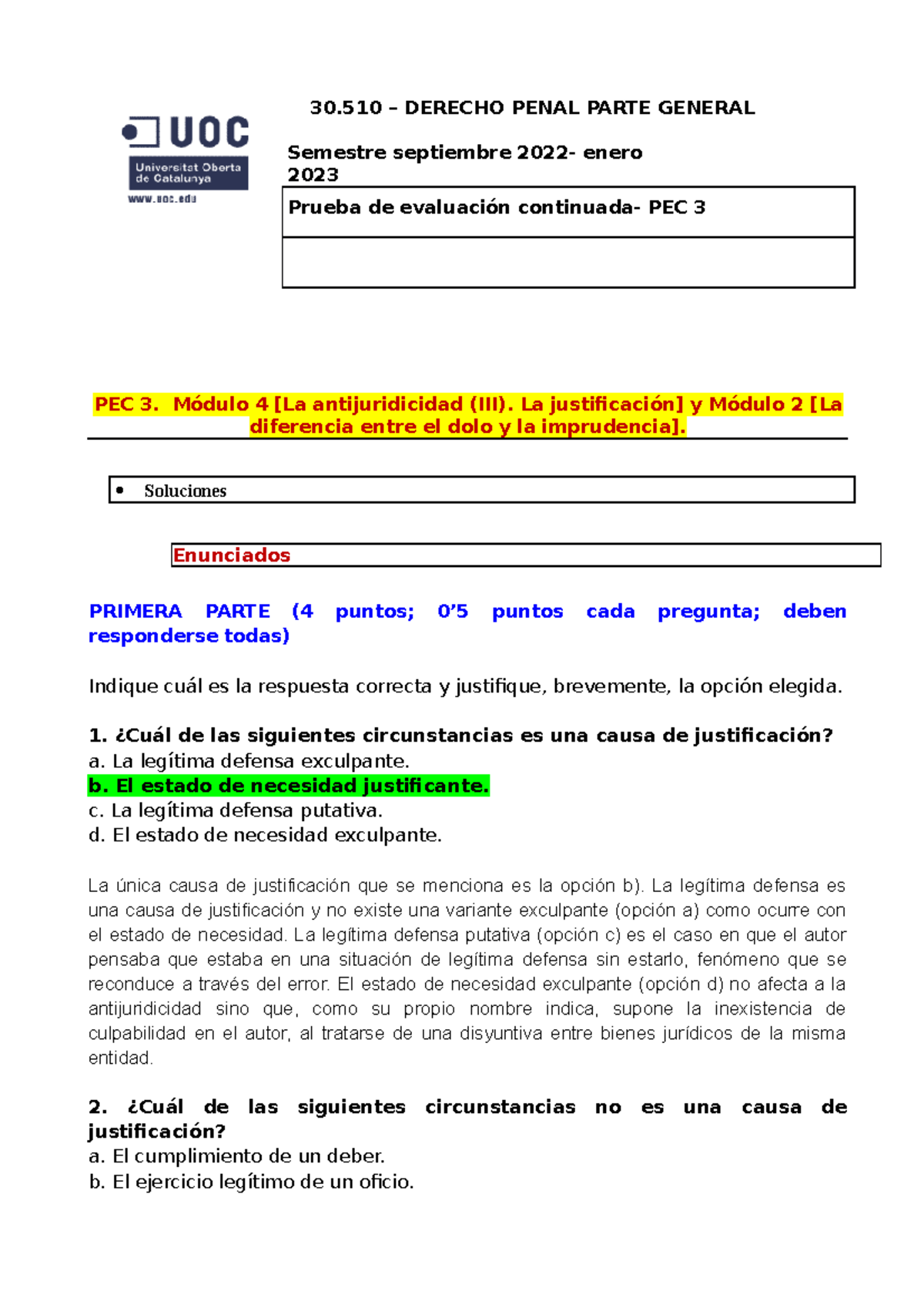 PEC 3 (2022) (Cast) - Soluciones - 30 – DERECHO PENAL PARTE GENERAL Semestre septiembre 2022 ...