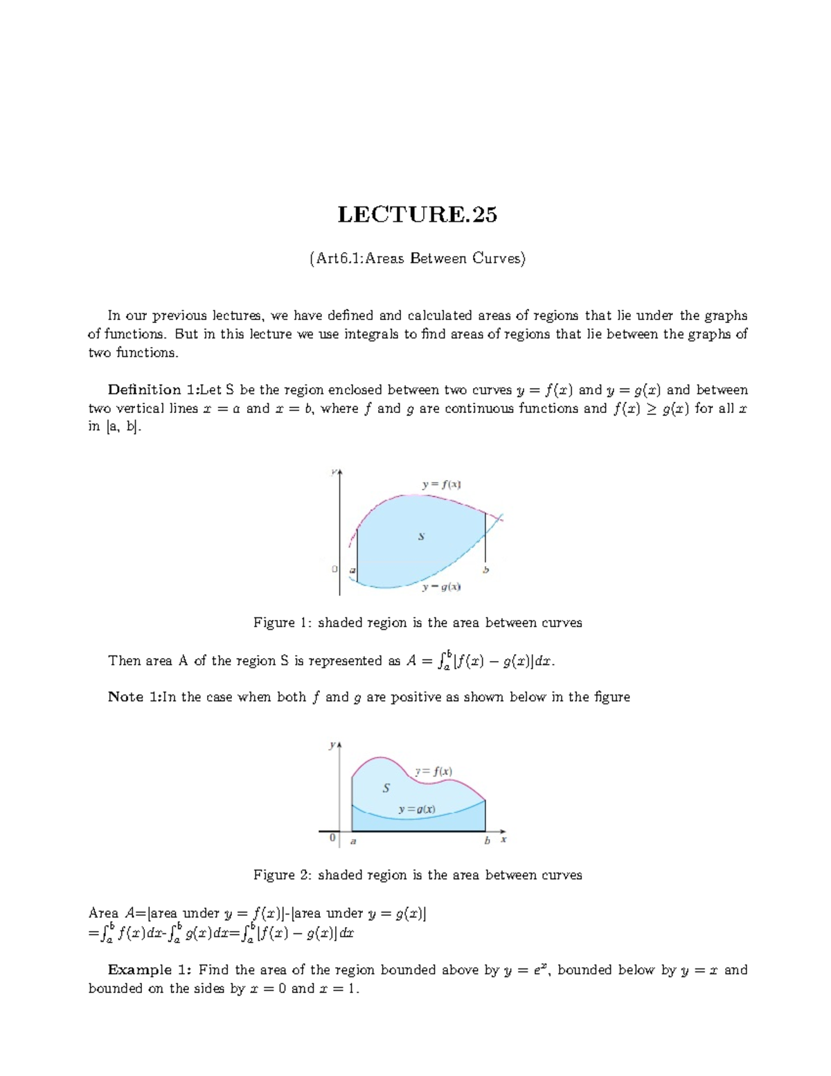 Lecture 25 Notes Lecture Art6areas Between Curves In Our Previous Lectures We Have