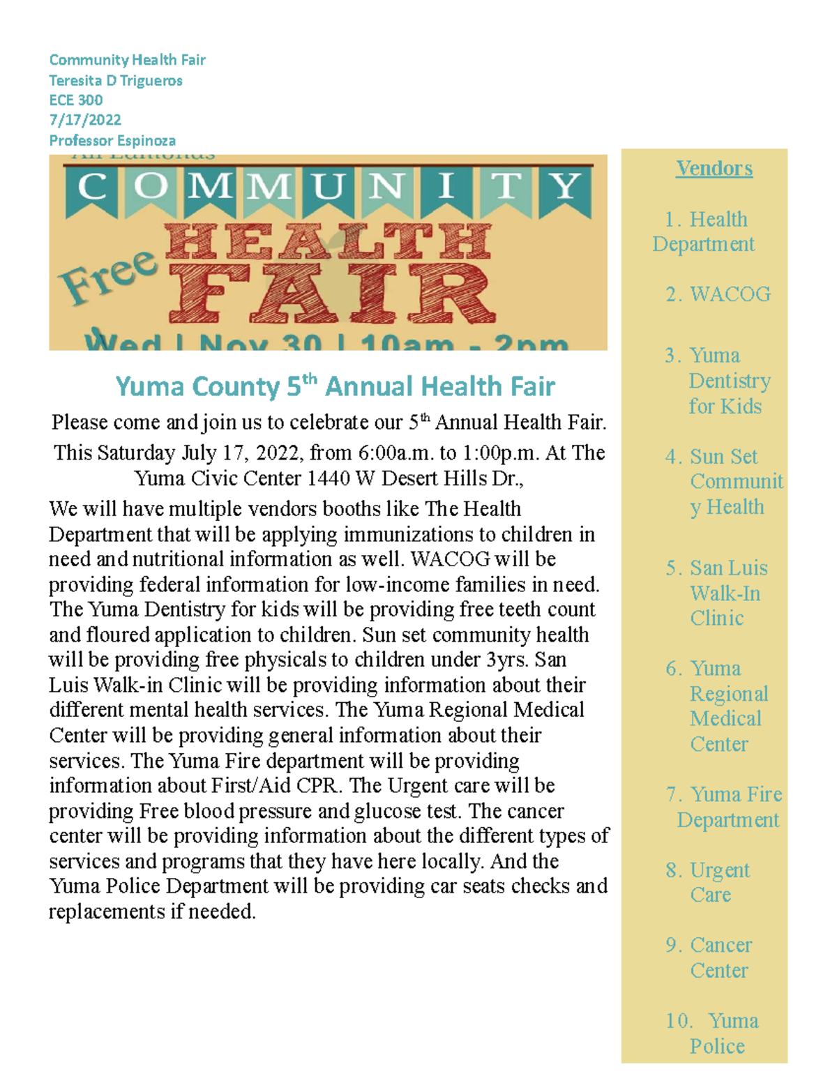 ECE 300 Health Fair - Pamphlet - Community Health Fair Teresita D ...