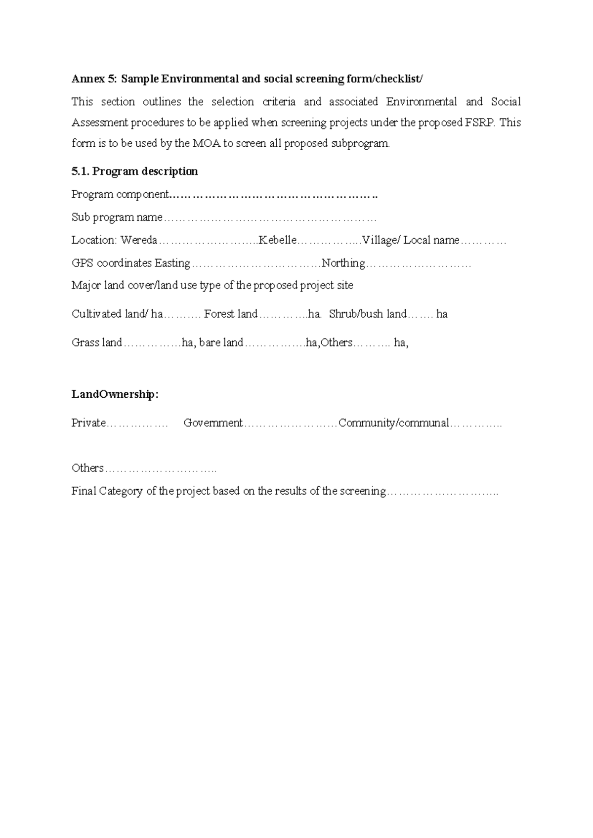 Screening checklist Final - Annex 5: Sample Environmental and social ...