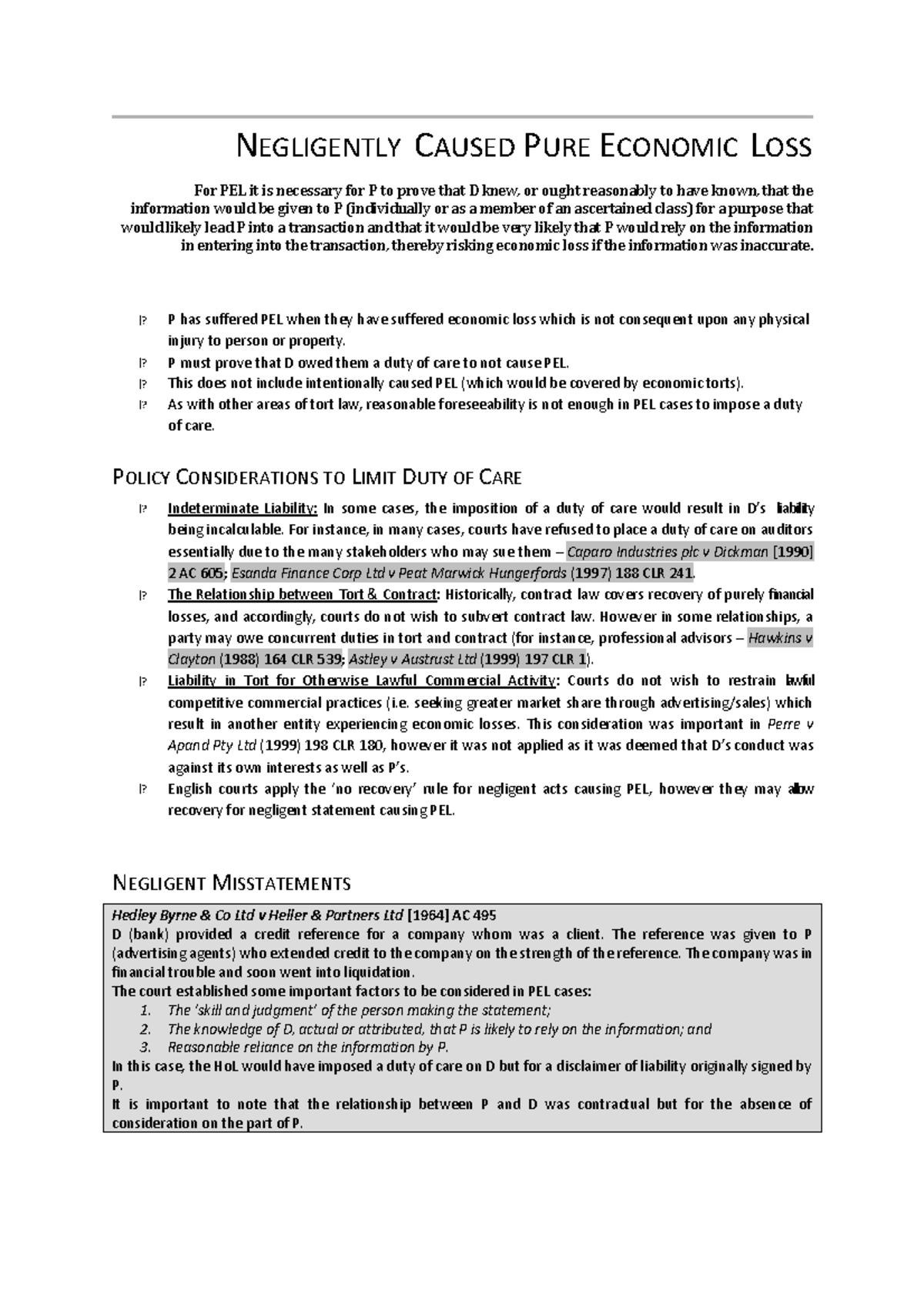 C9 PURE Economic LOSS - Tort Law - Hedley Byrne & Co Ltd v Heller ...