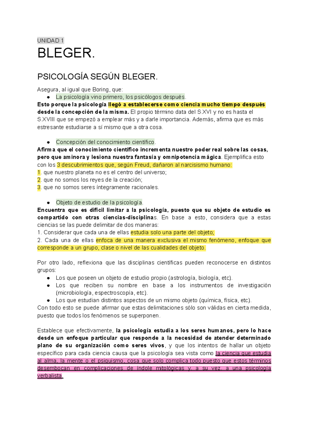 1er parcial psicologia stasiejko - UNIDAD 1 BLEGER. PSICOLOGÍA SEGÚN ...