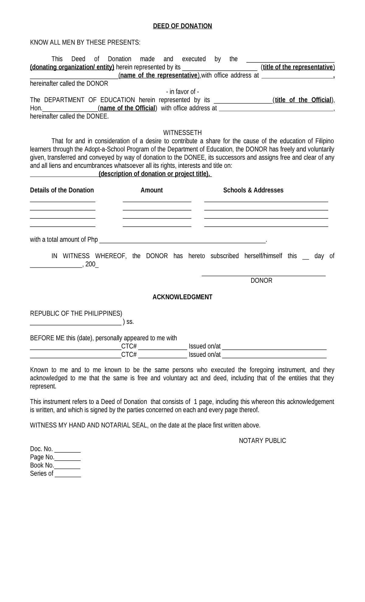 Deed of donation new - Sample/template - DEED OF DONATION KNOW ALL MEN ...