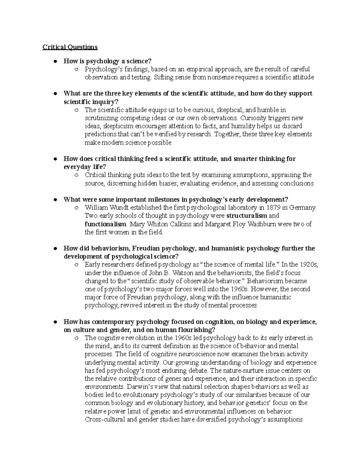 Chapter 1 - Notes From Psych Class with Hilmar - Critical Questions How ...