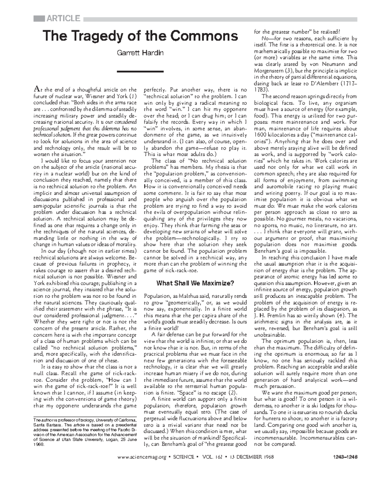 Hardin (1968)-The Tragedy of the Commons - The Tragedy of the Commons ...
