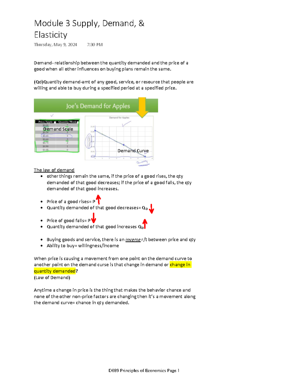 Module 3 Supply, Demand, & Elasticity - Demand- relationship between the quantity demanded and ...