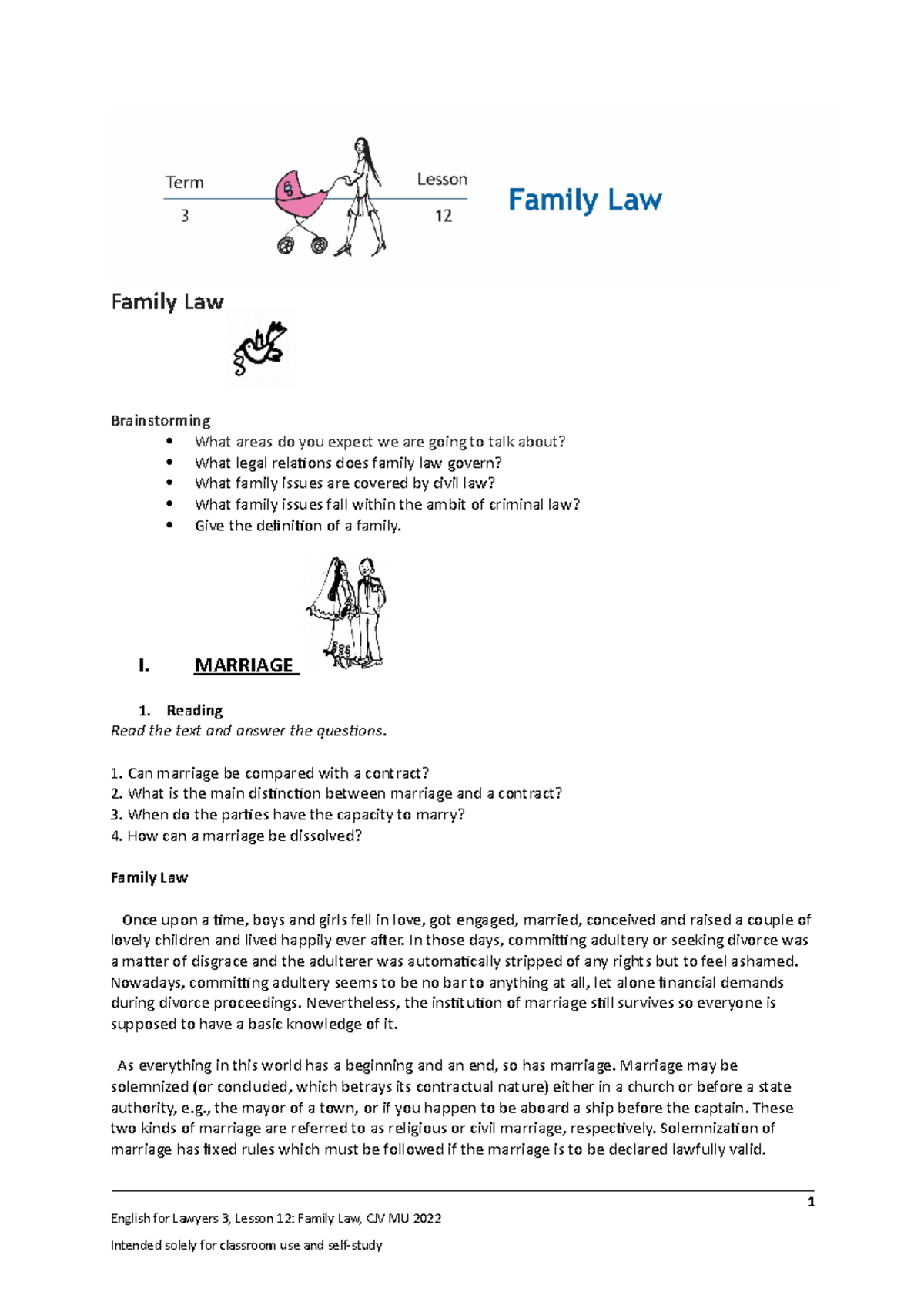 Lesson 12 Family Law - English - Family Law Brainstorming What areas do ...