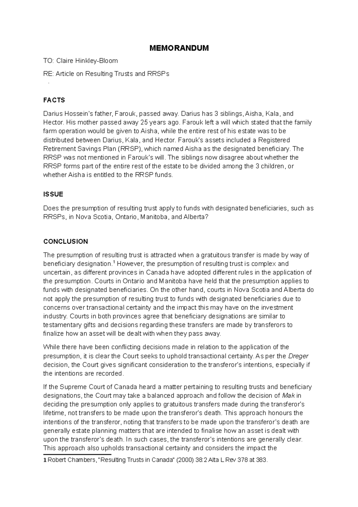LRW Memorandum - Assignment 2 - MEMORANDUM TO: Claire Hinkley-Bloom RE ...