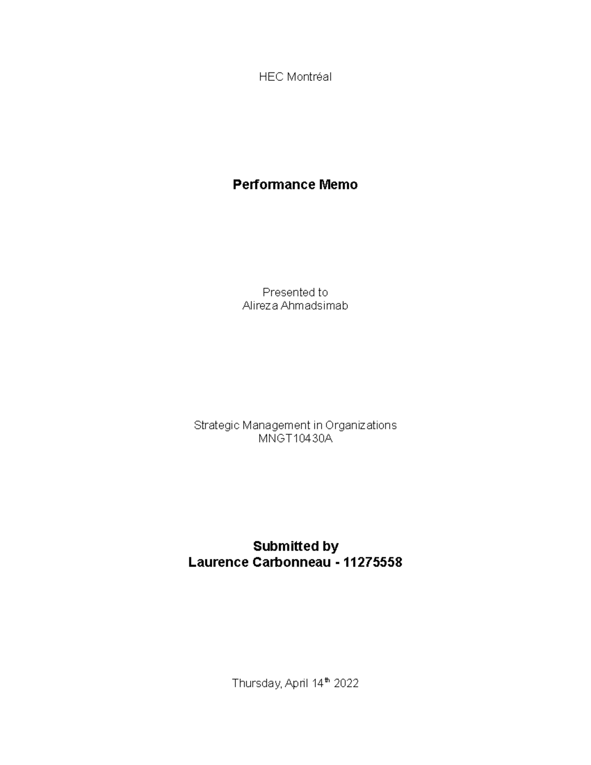 Performance Memo - HEC Montréal Performance Memo Presented to Alireza ...