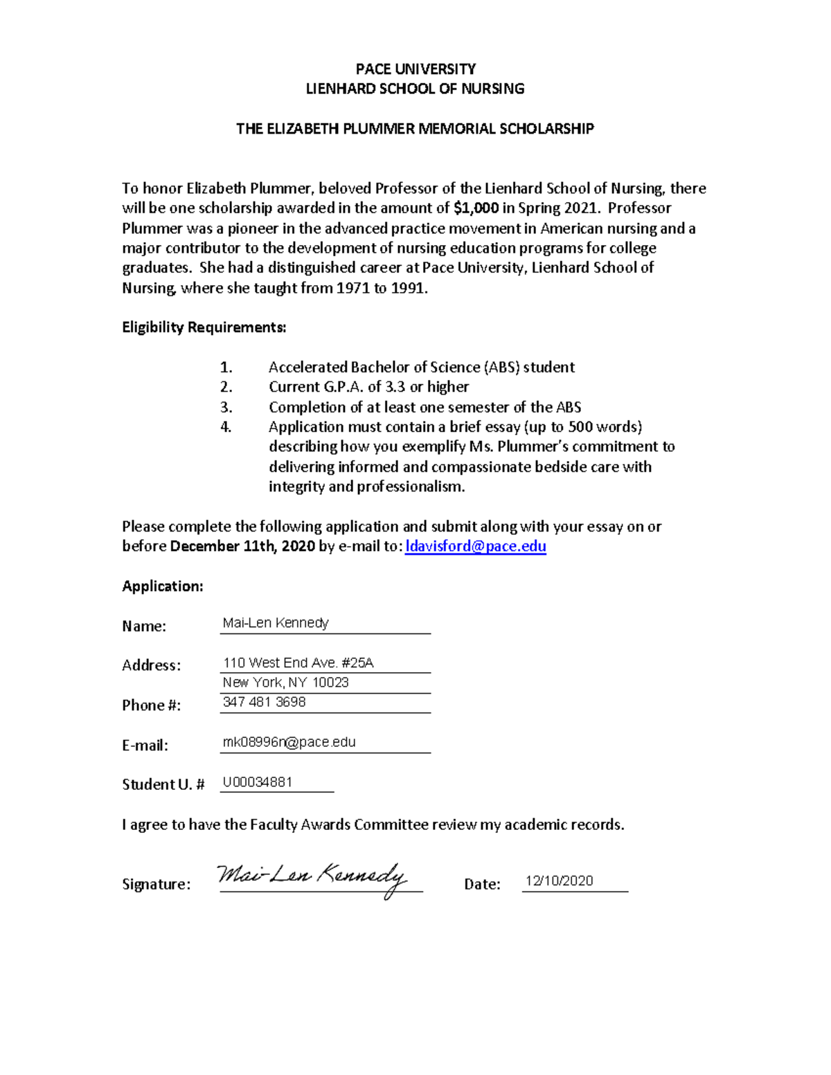 Elizabeth Plummer Scholarship Application 2021 - PACE UNIVERSITY ...