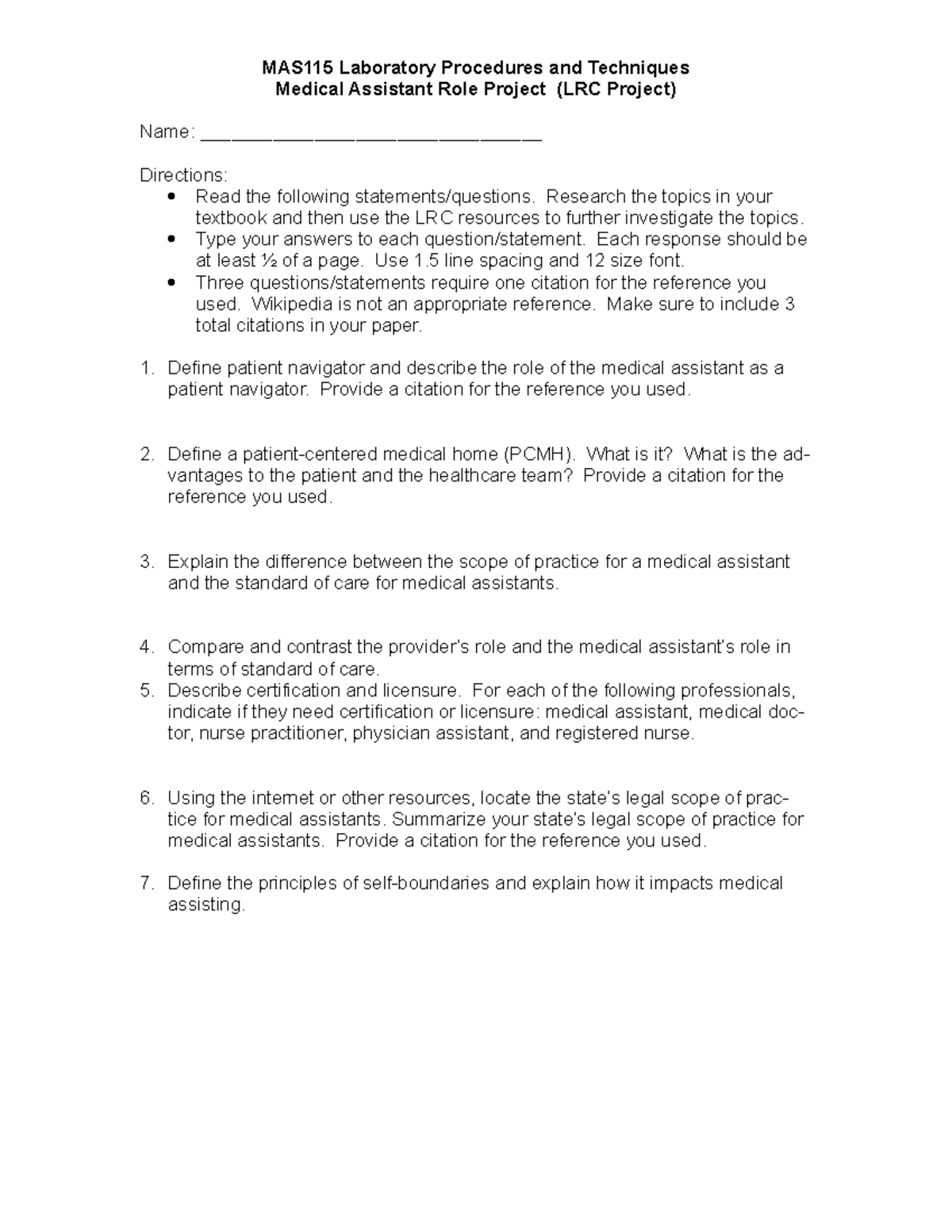 MAS115 Week 1 MA Role - labs - MAS115 Laboratory Procedures and ...