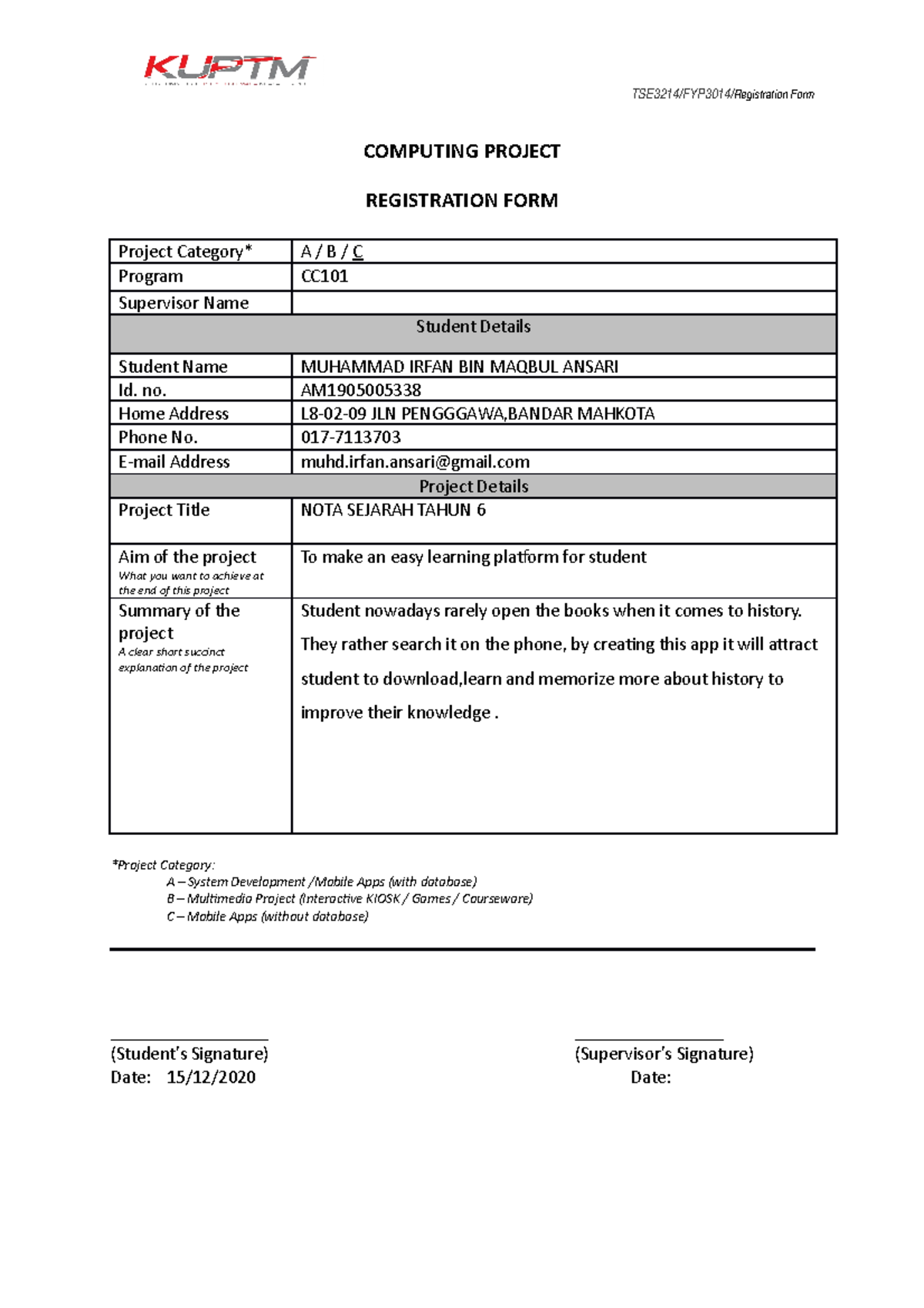 Registration form - tse3214 -cc101 - updated - TSE3214/FYP3014 ...
